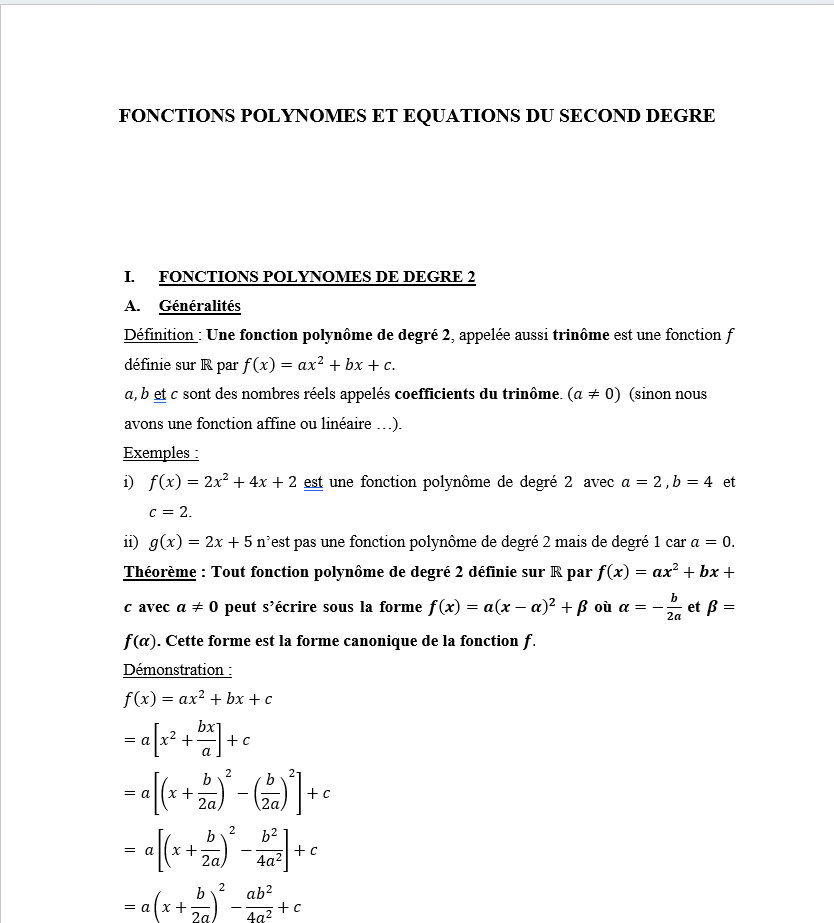 Le second degré - première spé maths - Ange-Réussite